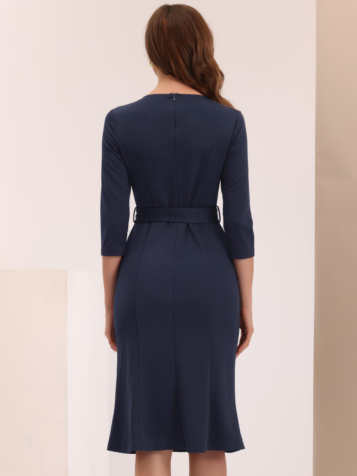 Allegra K Elegant Sheath Dress for Women's Casual Work Belt Sllit Hem Fishtail Dresses Small Dark Blue