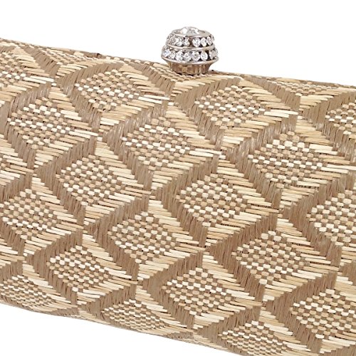 Geometric Patterned Raffia Straw Box Clutch, Natural