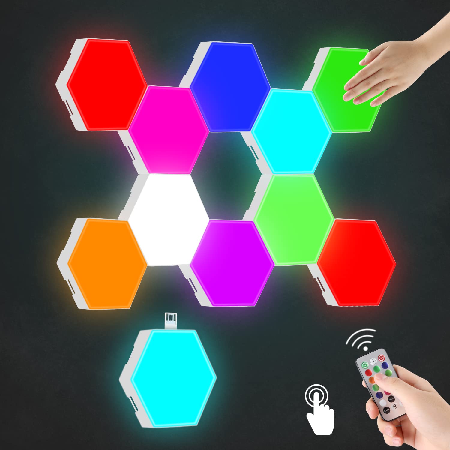 IFTHFOUR Hexagon Wall Lights, Modular, Touch-Sensitive and Remote-Controlled DIY Colorful LED Lamp with USB-Power, Used in Bedroom Living Room Game Room Party Decoration