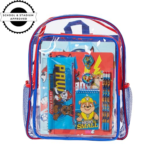Large Clear Backpack for Kids with School Supplies Set, 16 inch Stadium Approved Transparent Bag, Red and Blue