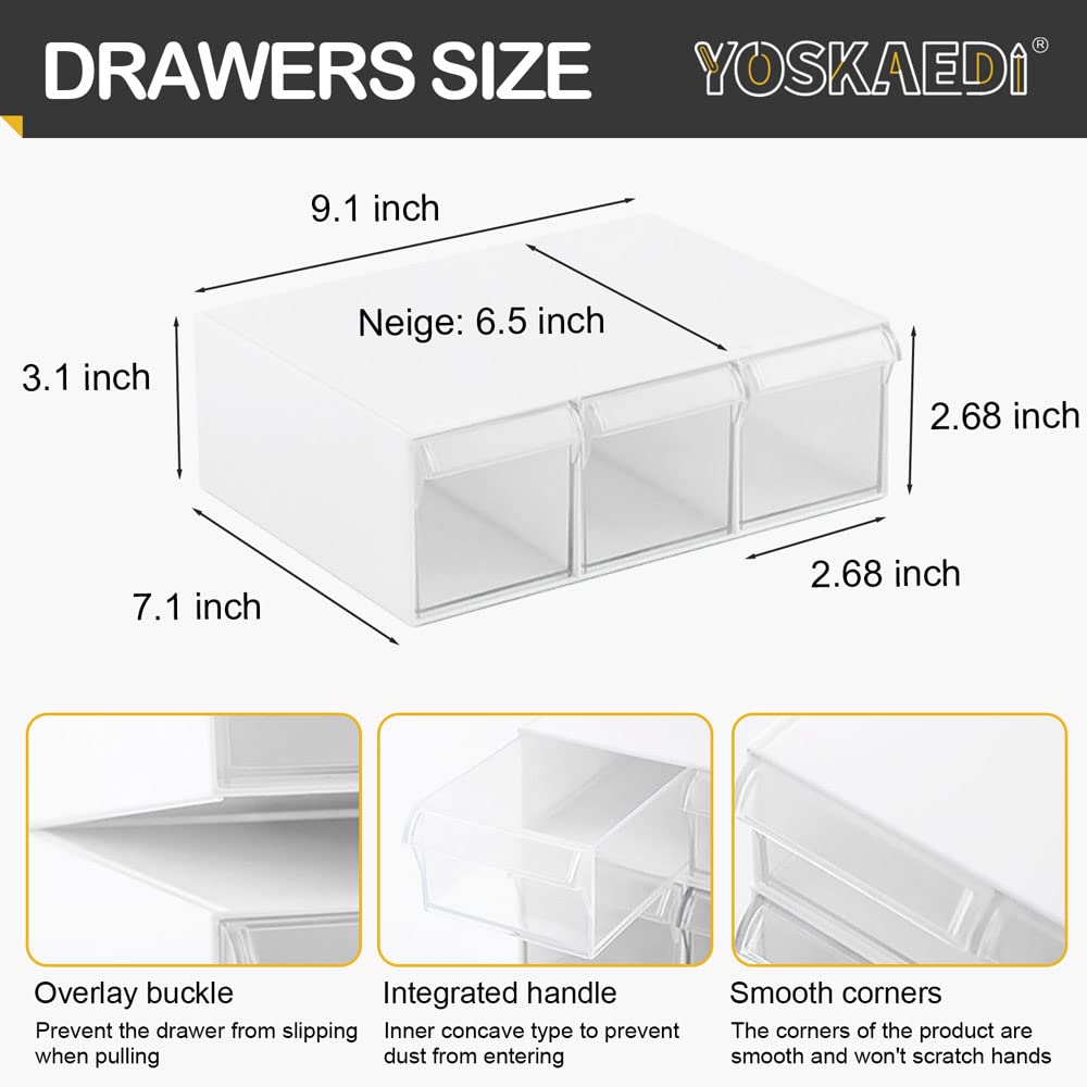 YOSKAEDI Under Desk Drawer Storage with 3 Drawers, Large Desk Drawer Attachment for office, Drawer Organizer Slide Out, Plastic Stick on Drawer White