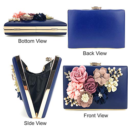 AMAZE Flower Clutch Purse for Women Floral Evening Bags for Wedding Bride Formal Party (Navy Blue)