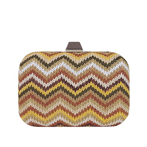 Multicolored Chevron Raffia Straw Box Clutch, Natural