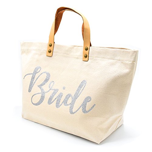 PumPumpz" Bride/Mrs" Bridal Tote Bag Natural white and glittery for Wedding Gifts. (Bride Sliver)