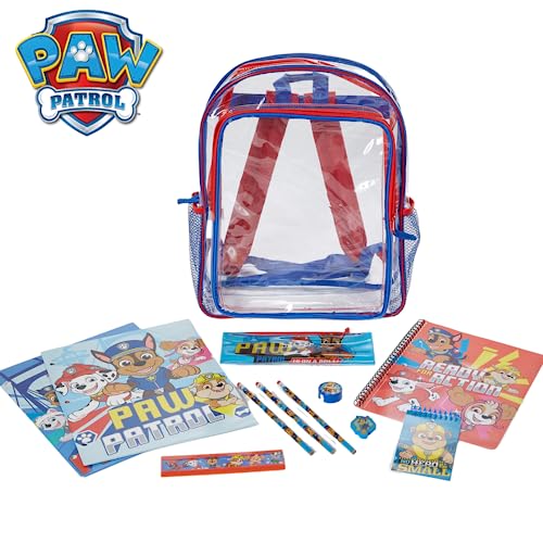 Large Clear Backpack for Kids with School Supplies Set, 16 inch Stadium Approved Transparent Bag, Red and Blue