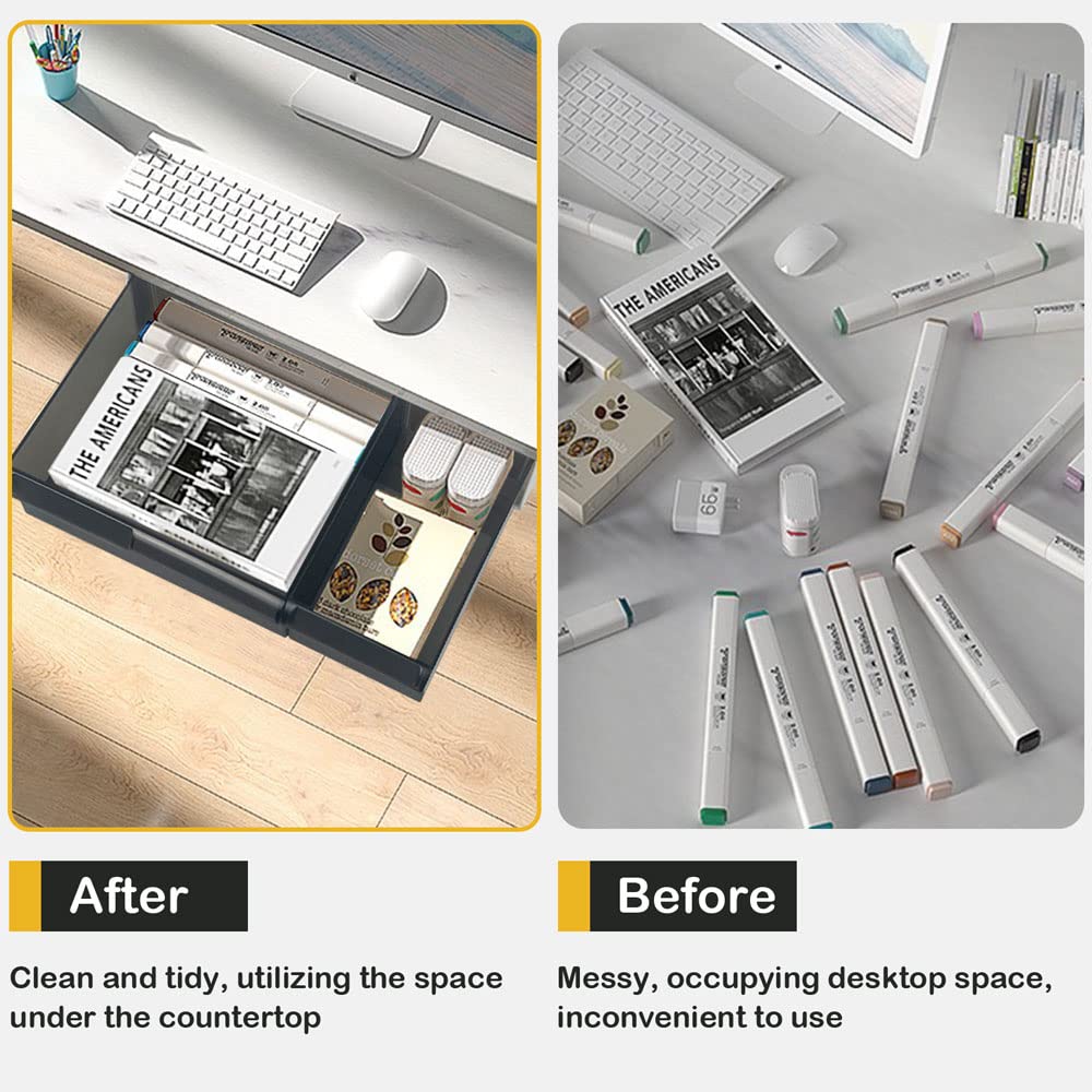 YOSKAEDI Under Desk Drawer Storage with 3 Drawers, Large Desk Drawer Attachment for office, Drawer Organizer Slide Out, Plastic Stick on Drawer White