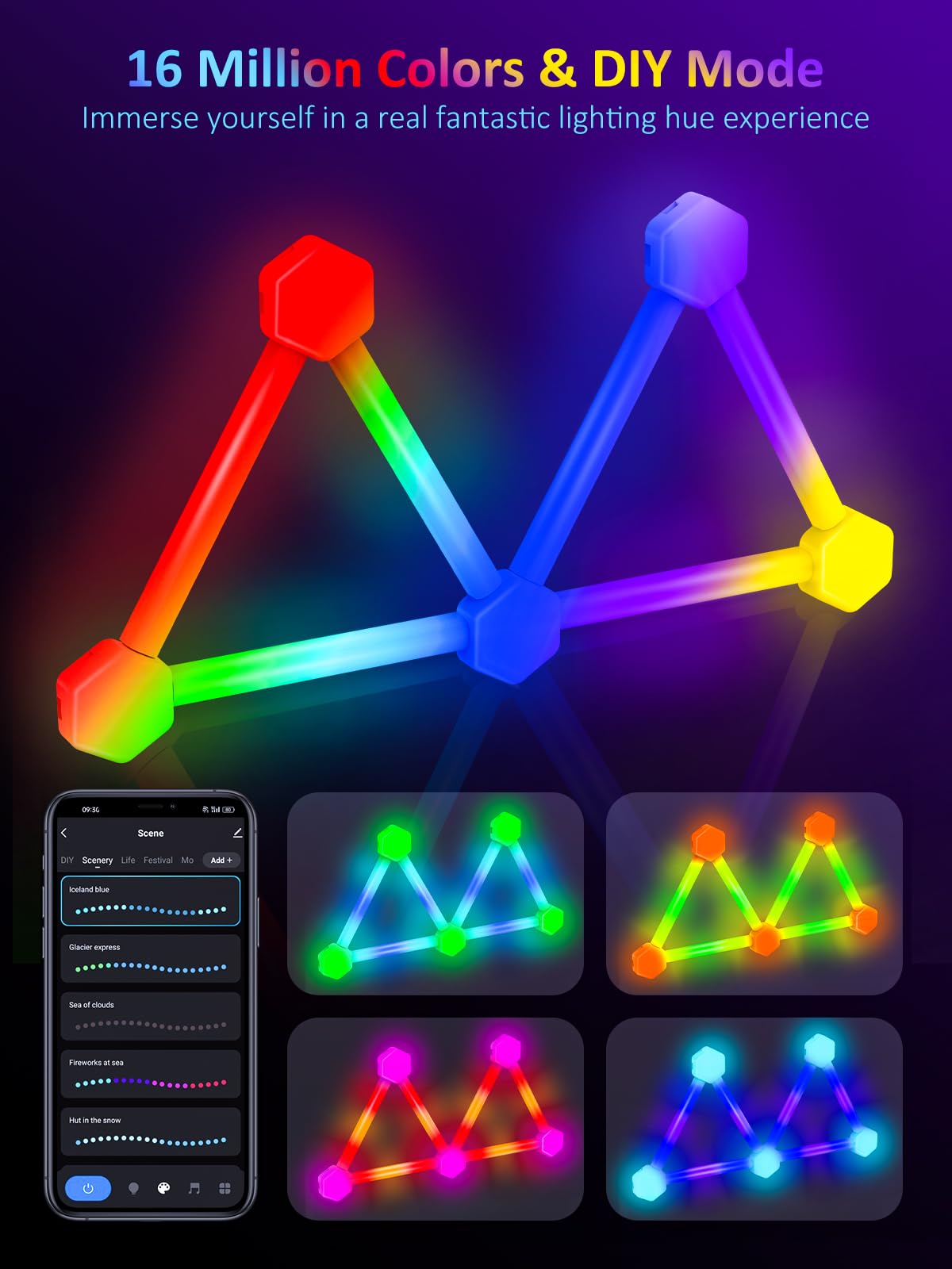 YSJ 14pack LED Wall Light, RGB Wall Lights, Hexagon Wall Light DIY Geometry Splicing Gaming Lights, Smart Glide Lively Light Bars for Gaming Room Decor and Streaming, Creative Lights with Music Sync