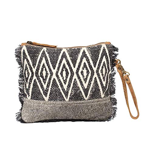 Myra Bag Second Impression Upcycled Canvas & Cowhide Leather Wristlet Pouch Bag S-1261