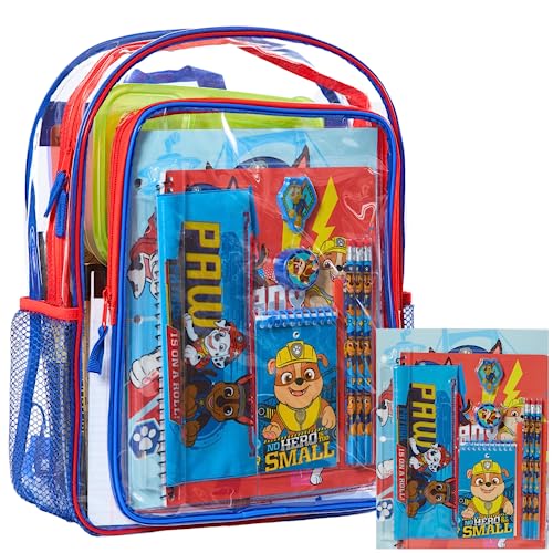 Large Clear Backpack for Kids with School Supplies Set, 16 inch Stadium Approved Transparent Bag, Red and Blue