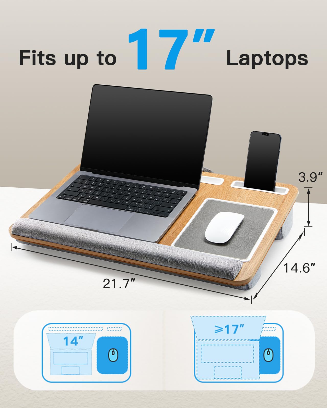 HUANUO Lap Desk - Fits up to 17 inches Laptop Desk, Built in Mouse Pad & Wrist Pad for Notebook, Laptop, Tablet, Laptop Stand with Tablet, Pen & Phone Holder (Wood Grain)