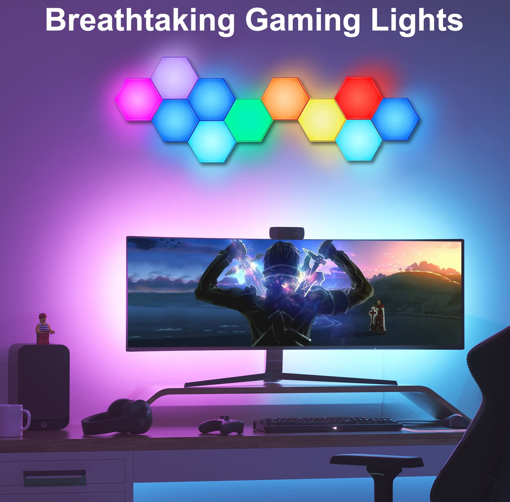 Amailand Hexagon Lights - RGB Wall Lights, Remote Controlled, Touch Sensitive Panels for Gaming Setup & Living/TV Room - 14 Geometric LED Panels