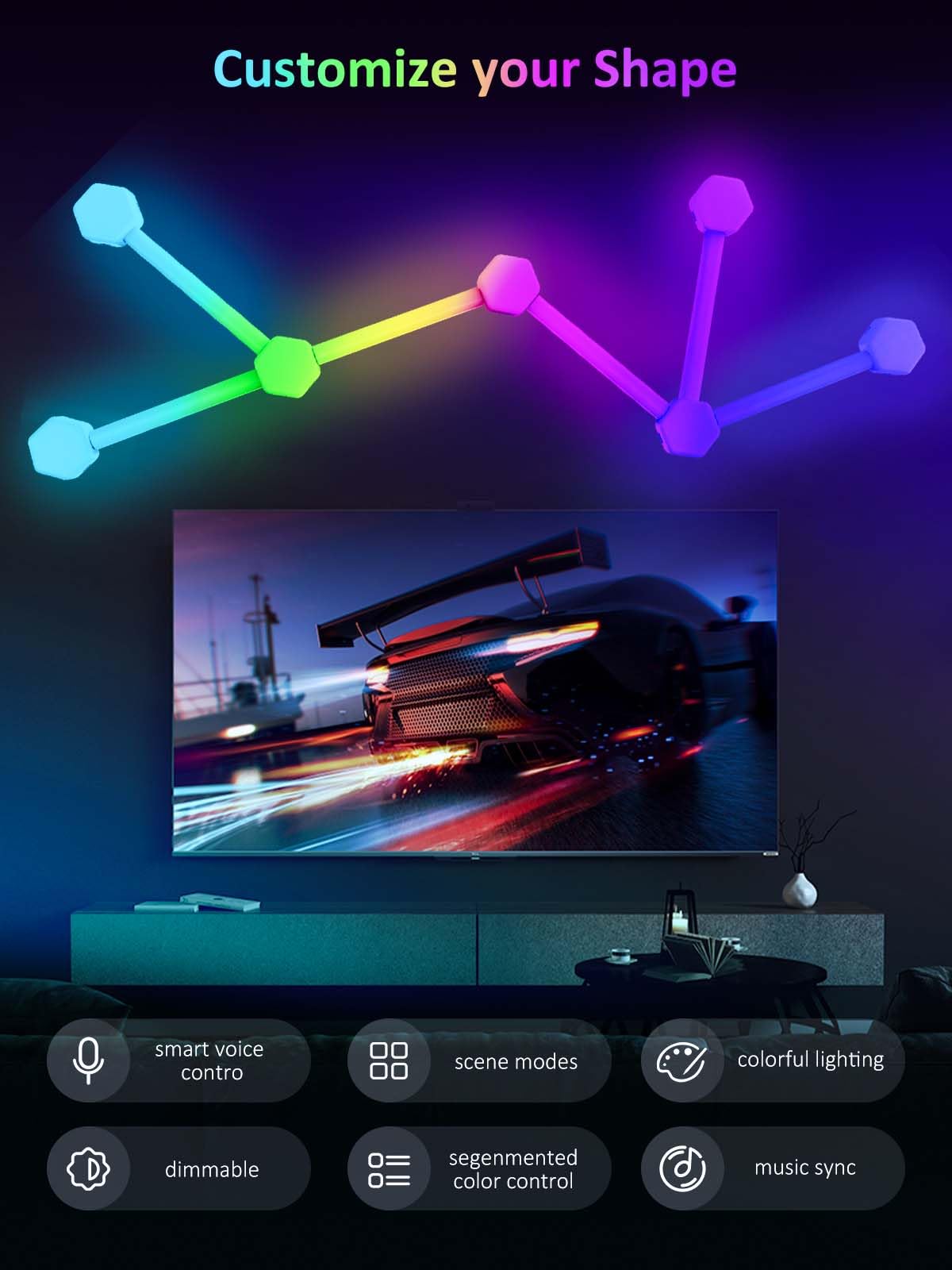 YSJ 14pack LED Wall Light, RGB Wall Lights, Hexagon Wall Light DIY Geometry Splicing Gaming Lights, Smart Glide Lively Light Bars for Gaming Room Decor and Streaming, Creative Lights with Music Sync