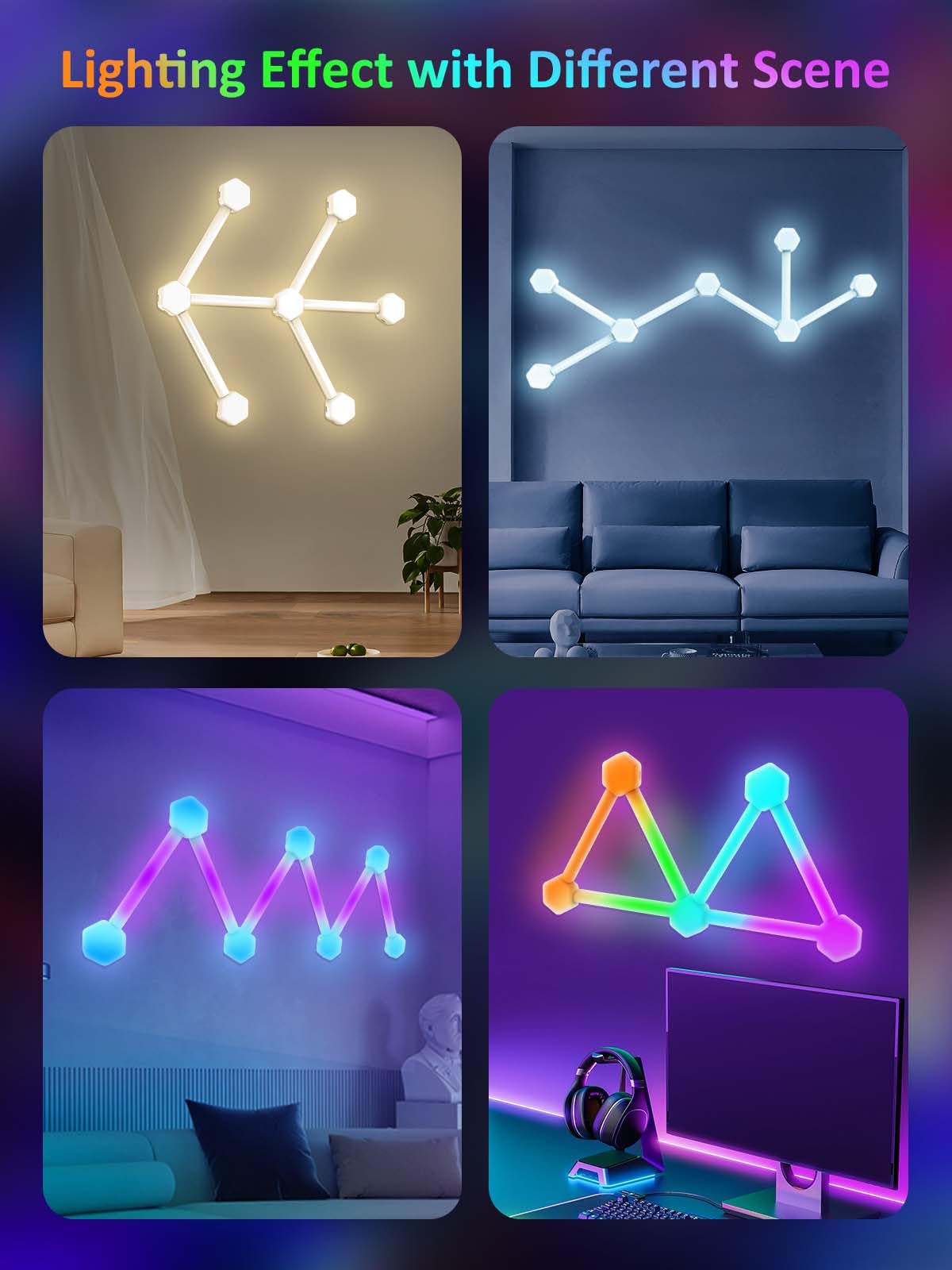 YSJ 14pack LED Wall Light, RGB Wall Lights, Hexagon Wall Light DIY Geometry Splicing Gaming Lights, Smart Glide Lively Light Bars for Gaming Room Decor and Streaming, Creative Lights with Music Sync