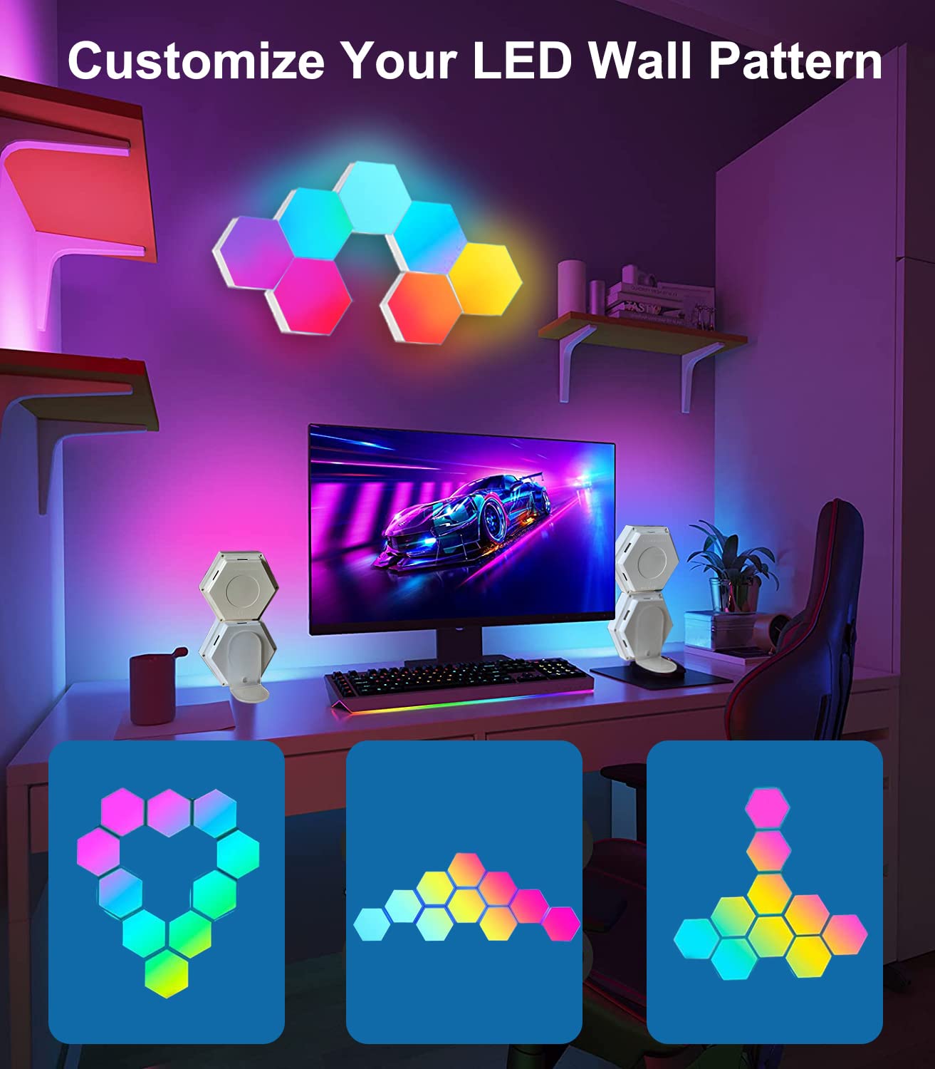 Amailand Hexagon Lights - RGB Wall Lights, Remote Controlled, Touch Sensitive Panels for Gaming Setup & Living/TV Room - 14 Geometric LED Panels