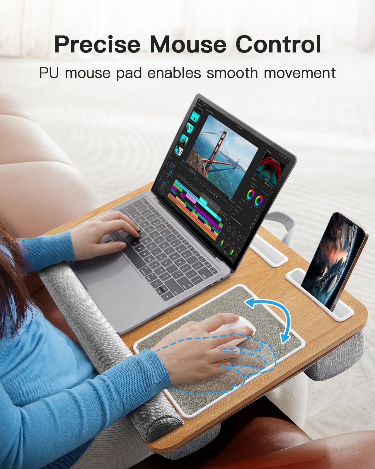 HUANUO Lap Desk - Fits up to 17 inches Laptop Desk, Built in Mouse Pad & Wrist Pad for Notebook, Laptop, Tablet, Laptop Stand with Tablet, Pen & Phone Holder (Wood Grain)