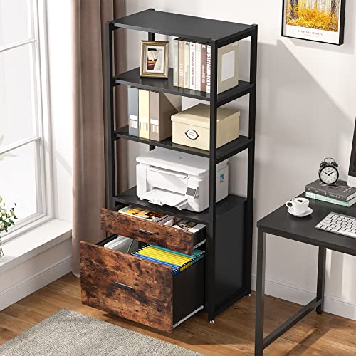 Tribesigns Bookcase Bookshelf, 4-Tier Modern File Cabinet with 2 Drawers, Lateral Filing Cabinet accommodate Legal/Letter / A4 Size for Home Office Organizer