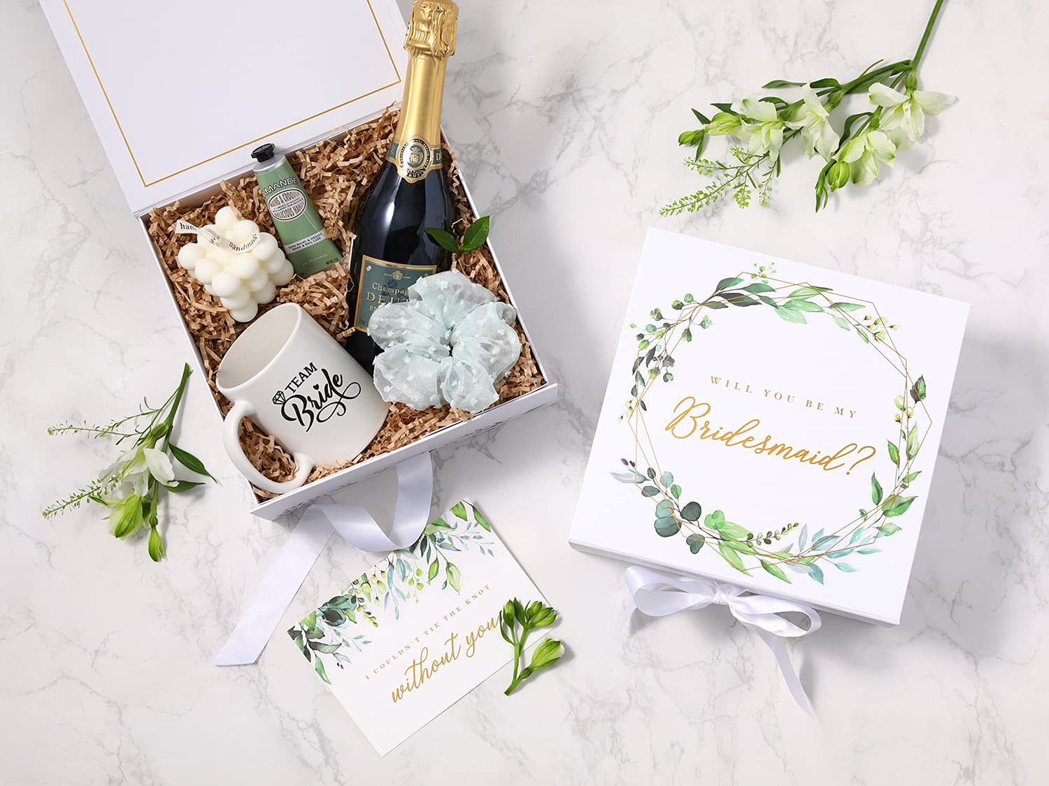 BRIGEL Bridesmaid Proposal Box Set of 3, 3 Will You Be My Bridesmaid Proposal Boxes for Bridesmaid Gifts, Leaf-Patterned White Box with Gold-Foiled Text, Magnetic Closure, and a White Ribbon