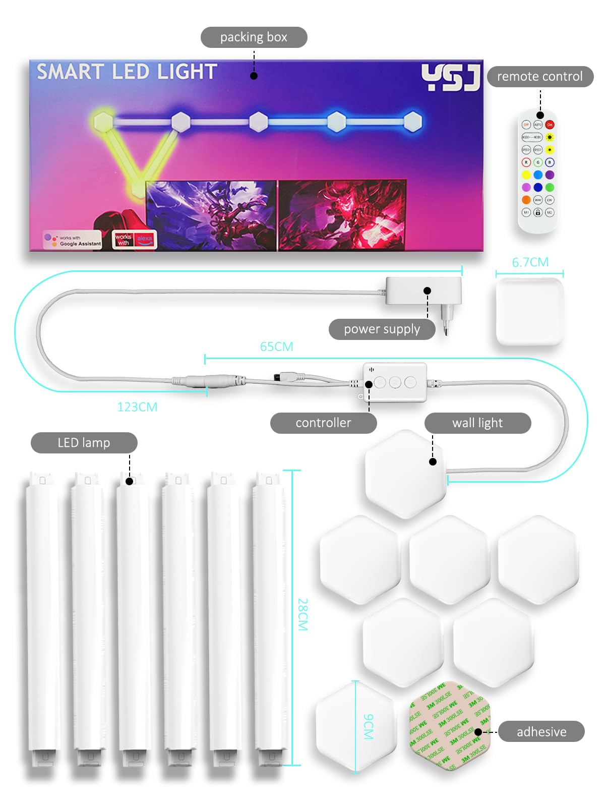 YSJ 14pack LED Wall Light, RGB Wall Lights, Hexagon Wall Light DIY Geometry Splicing Gaming Lights, Smart Glide Lively Light Bars for Gaming Room Decor and Streaming, Creative Lights with Music Sync