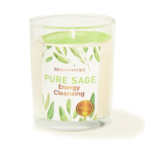 Magnificent 101 Pure Sage Energy Cleansing Candle for Smudging, Purification, Chakra Healing; Great Gift for Meditation, Aromatherapy & Yoga Practice; 100% Natural Soy Wax Candle in 6-oz. Glass Holder