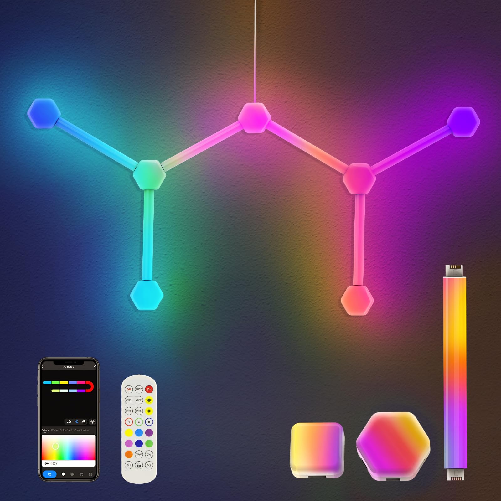YSJ 14pack LED Wall Light, RGB Wall Lights, Hexagon Wall Light DIY Geometry Splicing Gaming Lights, Smart Glide Lively Light Bars for Gaming Room Decor and Streaming, Creative Lights with Music Sync