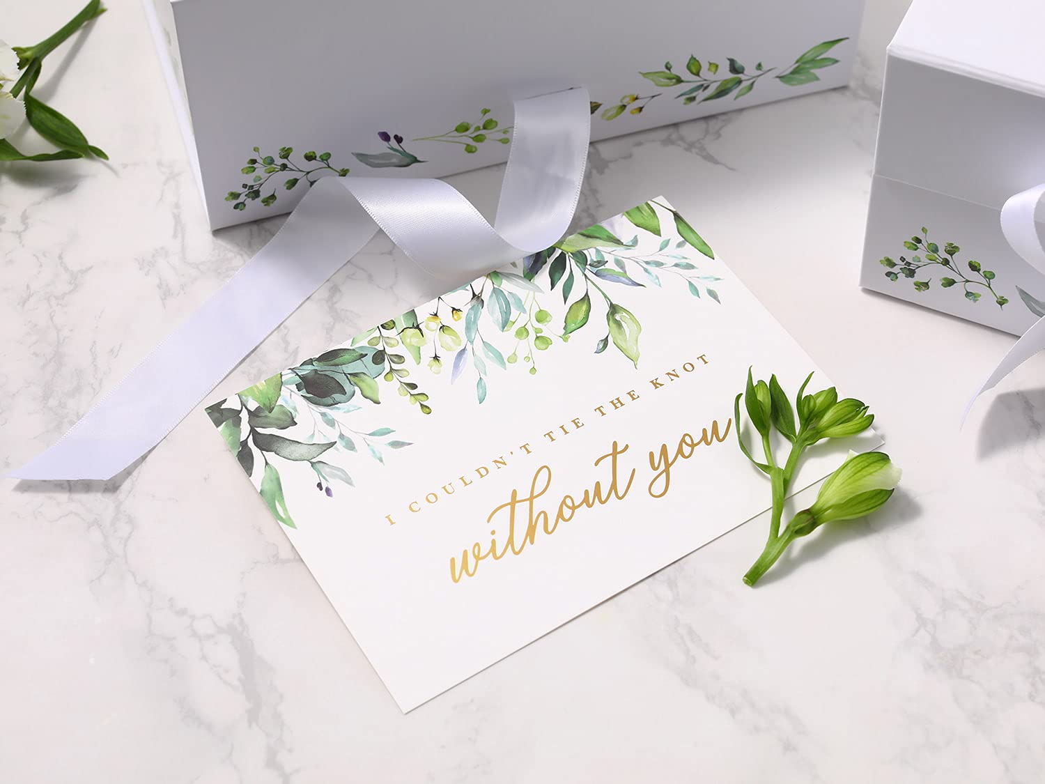 BRIGEL Bridesmaid Proposal Box Set of 3, 3 Will You Be My Bridesmaid Proposal Boxes for Bridesmaid Gifts, Leaf-Patterned White Box with Gold-Foiled Text, Magnetic Closure, and a White Ribbon