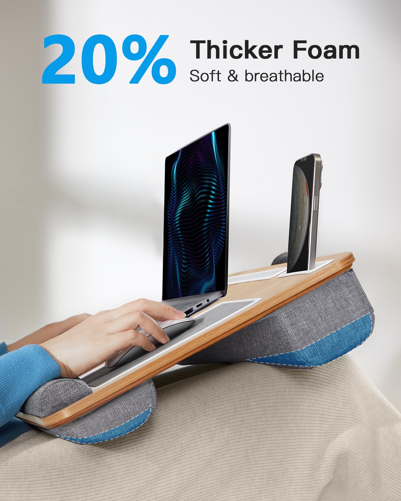 HUANUO Lap Desk - Fits up to 17 inches Laptop Desk, Built in Mouse Pad & Wrist Pad for Notebook, Laptop, Tablet, Laptop Stand with Tablet, Pen & Phone Holder (Wood Grain)