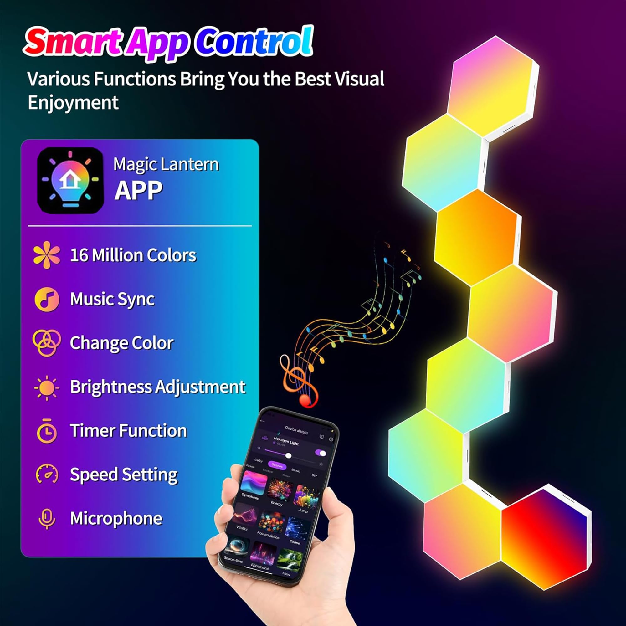 Hervika 8 Pack DIY Hexagon LED Lights, Music Sync RGB Gaming Lights with APP Smart Wall Lights for Bedroom Living Room Decor