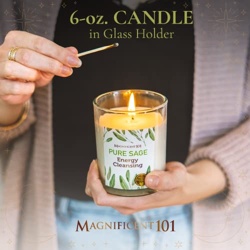 Magnificent 101 Pure Sage Energy Cleansing Candle for Smudging, Purification, Chakra Healing; Great Gift for Meditation, Aromatherapy & Yoga Practice; 100% Natural Soy Wax Candle in 6-oz. Glass Holder