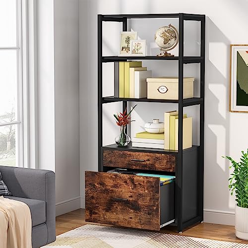 Tribesigns Bookcase Bookshelf, 4-Tier Modern File Cabinet with 2 Drawers, Lateral Filing Cabinet accommodate Legal/Letter / A4 Size for Home Office Organizer