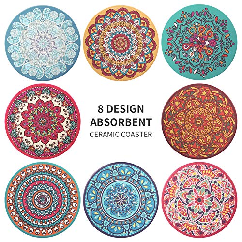 CHEFBEE Set of 8 Coaster for Drinks Absorbent Mandala Ceramic Coasters with Cork Base, Metal Holder, Stone Coasters Set Perfect for Wooden Table, Housewarming, Home and Dining Room Decor