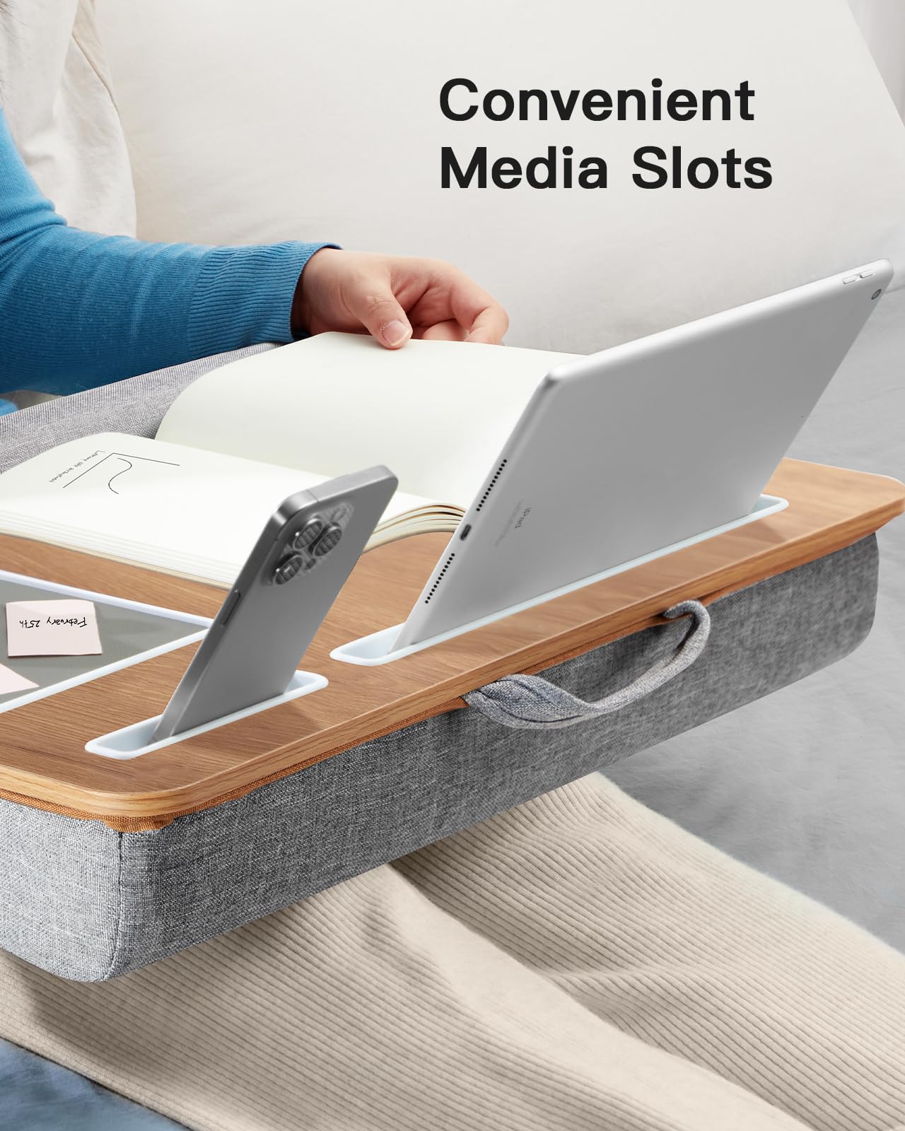 HUANUO Lap Desk - Fits up to 17 inches Laptop Desk, Built in Mouse Pad & Wrist Pad for Notebook, Laptop, Tablet, Laptop Stand with Tablet, Pen & Phone Holder (Wood Grain)