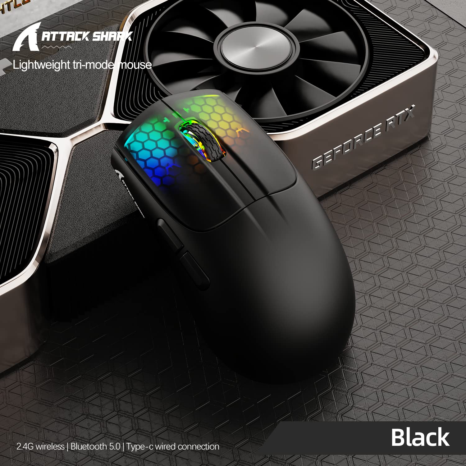 ATTACK SHARK X5 Wireless Gaming Mouse with Tri-Modes BT 5.1/2.4Ghz/USB-C,Lightweight 49g,PAW3212 Optical Sensor,Rechargeable Battery,RGB LED Honeycomb Mice for PC/Tablet/Desktop/Office/Games-Black