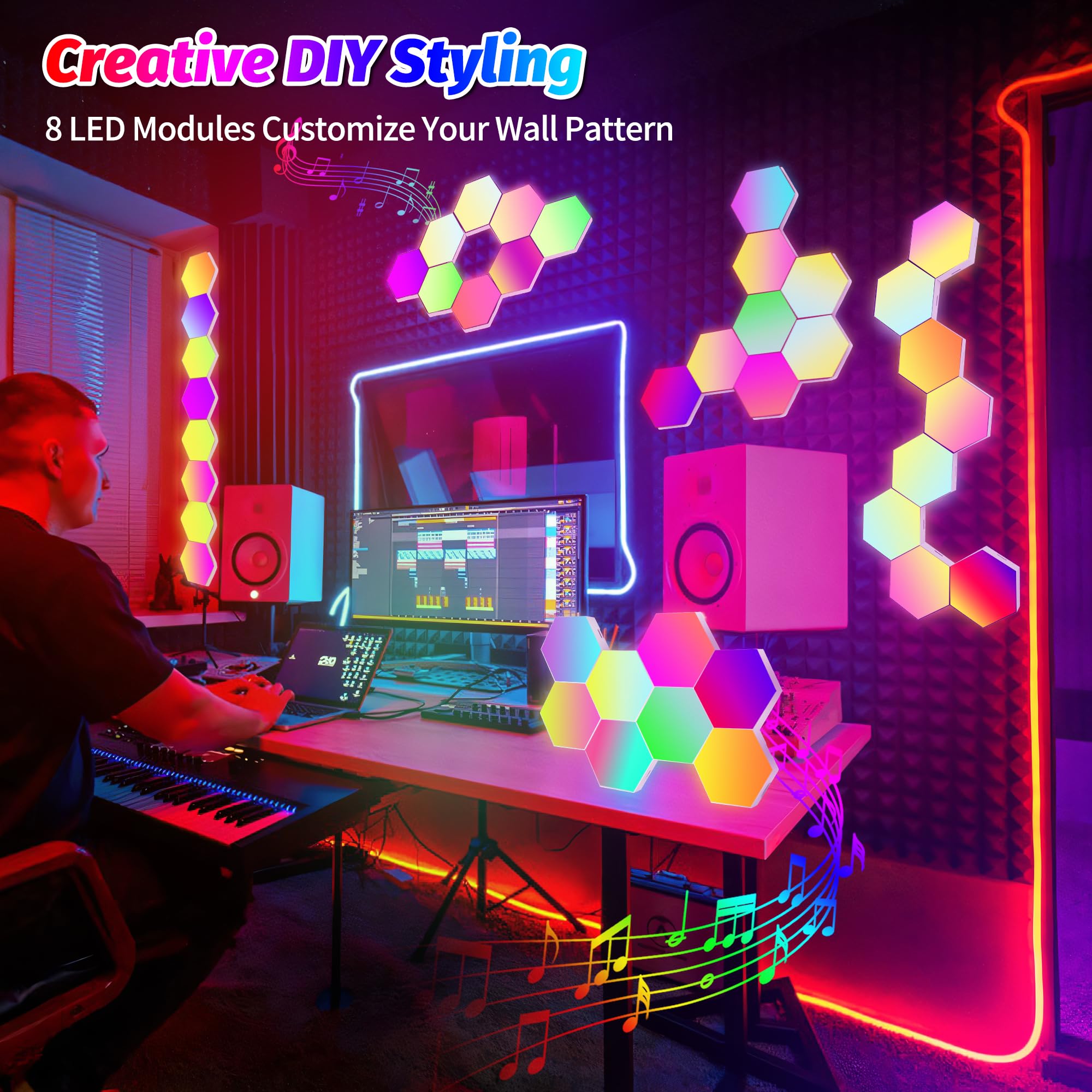 Hervika 8 Pack DIY Hexagon LED Lights, Music Sync RGB Gaming Lights with APP Smart Wall Lights for Bedroom Living Room Decor