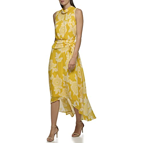 Karl Lagerfeld Paris Women's Floral High-Low Long Dress, Lemon Chrome Multi, 8