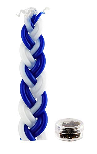 12 Havdalah Sets of Braided Blue and White Candles with a Small Container of Besomim