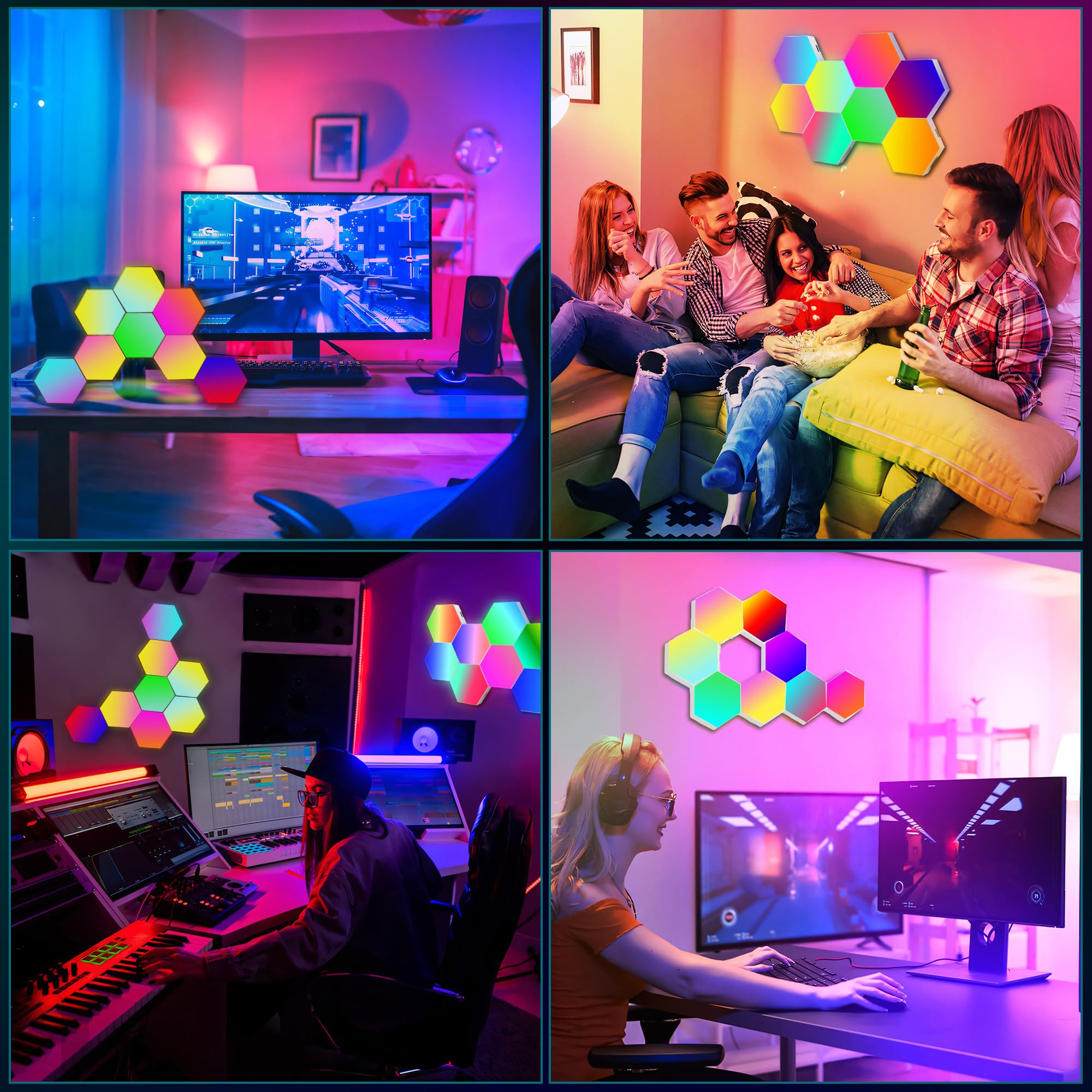 Hervika 8 Pack DIY Hexagon LED Lights, Music Sync RGB Gaming Lights with APP Smart Wall Lights for Bedroom Living Room Decor