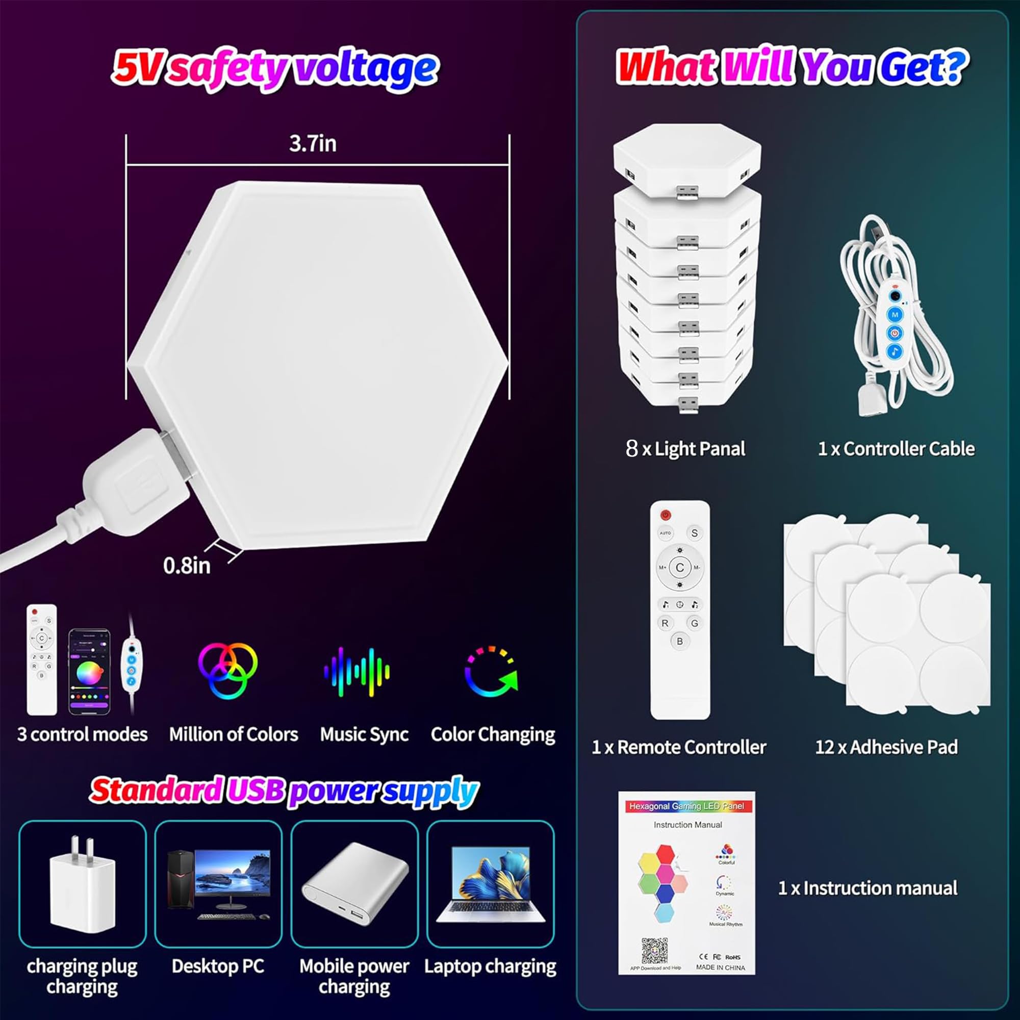 Hervika 8 Pack DIY Hexagon LED Lights, Music Sync RGB Gaming Lights with APP Smart Wall Lights for Bedroom Living Room Decor