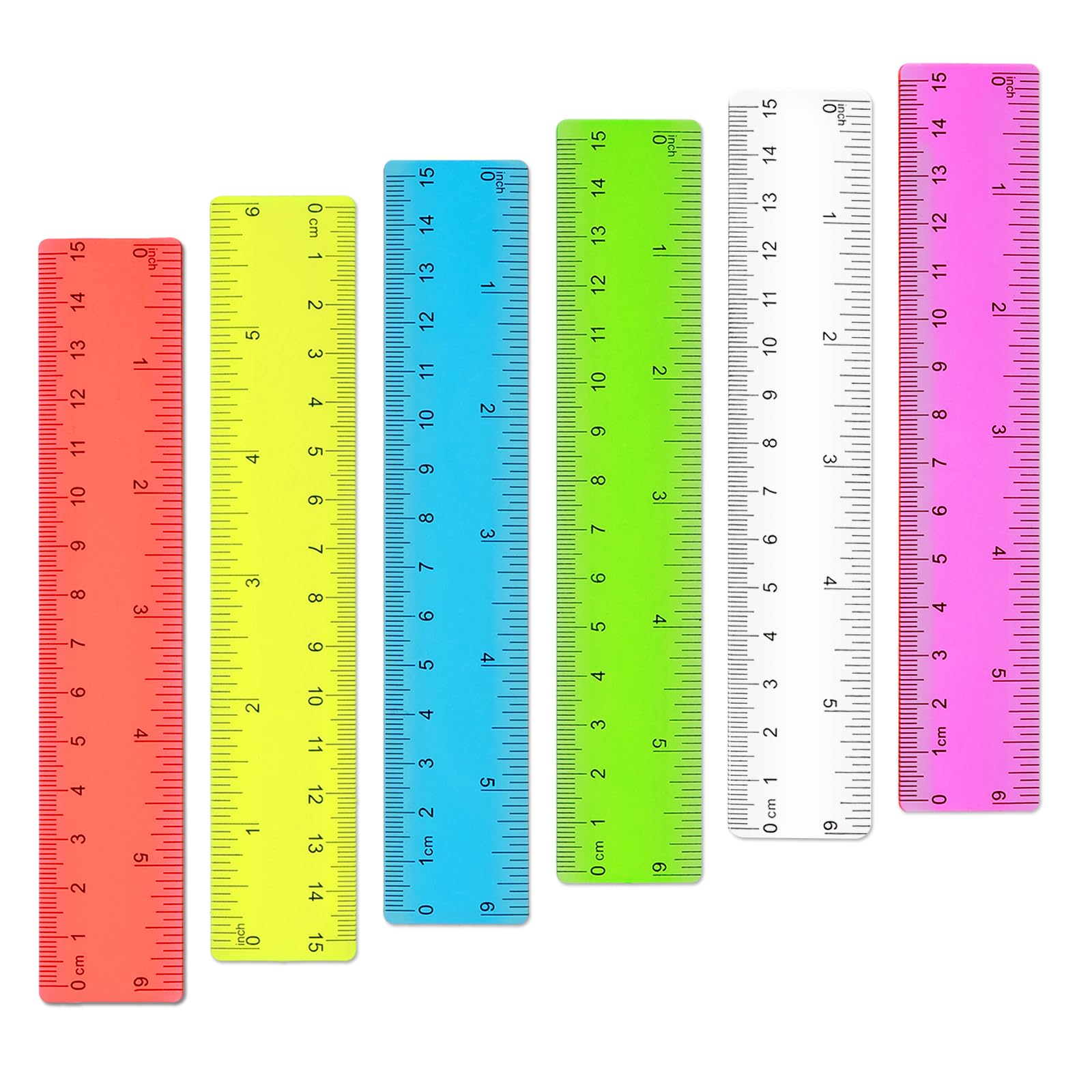 DSLSQD 6 Pack Assorted Color Plastic Rulers - 6 Inch Clear Shatterproof Kids Ruler with Centimeters and Inches