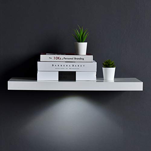 WELLAND White Floating Shelf with Touch-Sensing Battery Powered LED Light,Wall Mounted Display Shelves for Entrance, Living Room, Bedroom, Kitchen and Bathroom (24-INCH, White)