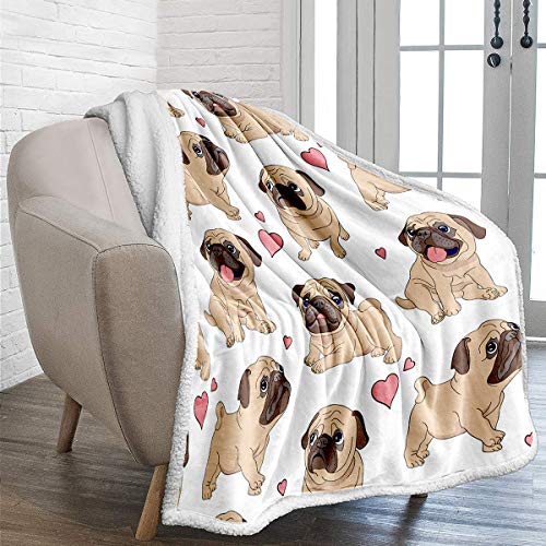 WONGS BEDDING Pug Throw Blanket Twin Cartoon Pug Dog Printed Sherpa Blanket for Kids Adults Soft Fuzzy Microfiber Plush Fleece Throw Blanket for Bed Couch and Travel (Twin Size, 60"x80")