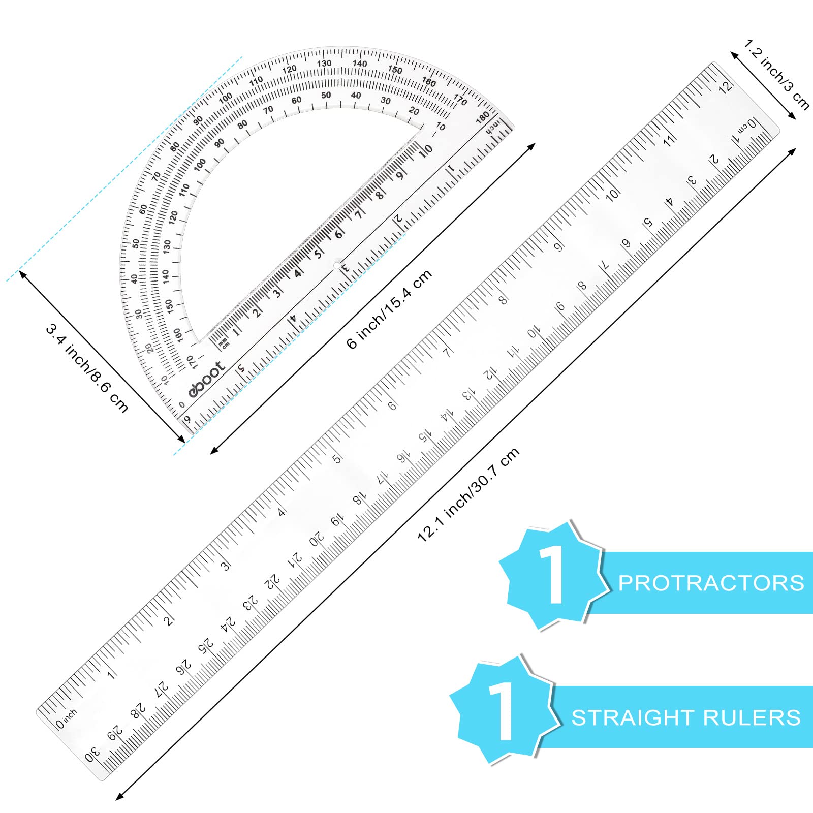 Zonon 2 Pack 12'' Plastic Ruler and 6'' Plastic Protractor Set Clear Ruler Protractor Set Math Geometry Supplies for School Classroom Home Office Drawing(Clear)