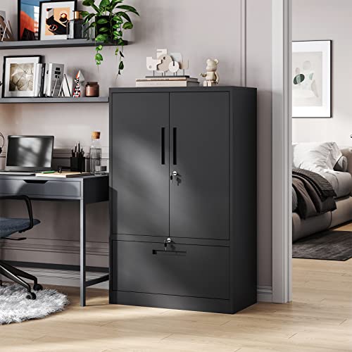 PEUKC Metal File Cabinet with Drawer, Lockable Vertical Lateral Filing Storage Cabinet, File Cabinet with Storage Cabinet for Home Office, Legal/Letter/A4 Size Steel File Storage Cabinet, Black