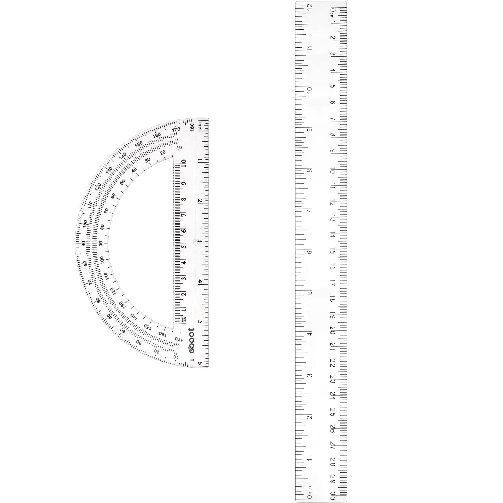 Zonon 2 Pack 12'' Plastic Ruler and 6'' Plastic Protractor Set Clear Ruler Protractor Set Math Geometry Supplies for School Classroom Home Office Drawing(Clear)