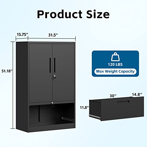 PEUKC Metal File Cabinet with Drawer, Lockable Vertical Lateral Filing Storage Cabinet, File Cabinet with Storage Cabinet for Home Office, Legal/Letter/A4 Size Steel File Storage Cabinet, Black