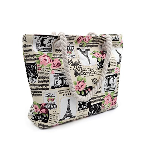 Paris Eiffel Tower Music Notes Floral Print Canvas Tote Shoulder Bag Handbag, Yellow One Size