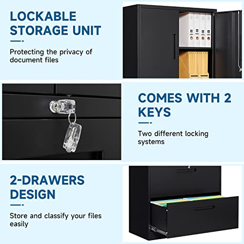 PEUKC Metal File Cabinet with Drawer, Lockable Vertical Lateral Filing Storage Cabinet, File Cabinet with Storage Cabinet for Home Office, Legal/Letter/A4 Size Steel File Storage Cabinet, Black