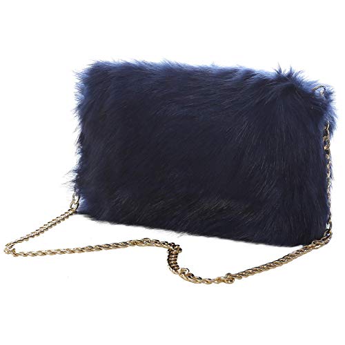 FHQHTH Faux Fox Fur Purse Fuzzy Handbags for Women Evening Handbags Al alloy Shoulder Strap [Black]