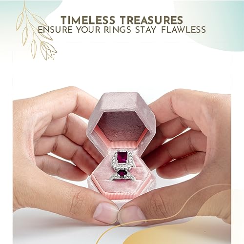 NEUTA Velvet Ring Box - Pink - 2 Slot Exquisite Wedding Ring Bearer Box - Gorgeous Hexagon Wedding Ring Box with Detachable Lid for Proposal, Engagement, Wedding, Ceremony, Storage & Safe Keeping…