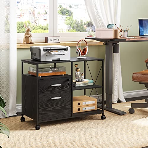 DEVAISE 2 Drawer Lateral File Cabinet with Lock, Mobile Printer Stand with Open Storage Shelf, Wood Filing Cabinet fits A4 or Letter Size for Home Office, Black