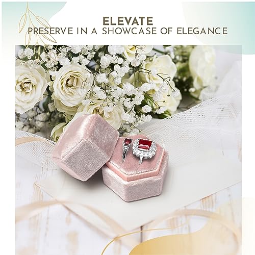 NEUTA Velvet Ring Box - Pink - 2 Slot Exquisite Wedding Ring Bearer Box - Gorgeous Hexagon Wedding Ring Box with Detachable Lid for Proposal, Engagement, Wedding, Ceremony, Storage & Safe Keeping…